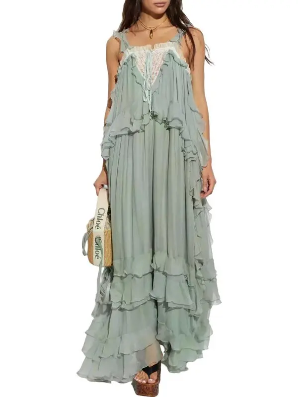 Chloé Sleeveless Layered Long Dress In Silk Mousseline & Lace - Green