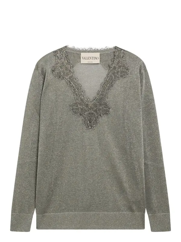 Valentino Garavani Viscose Blend Lace V-neck Sweater - Silver