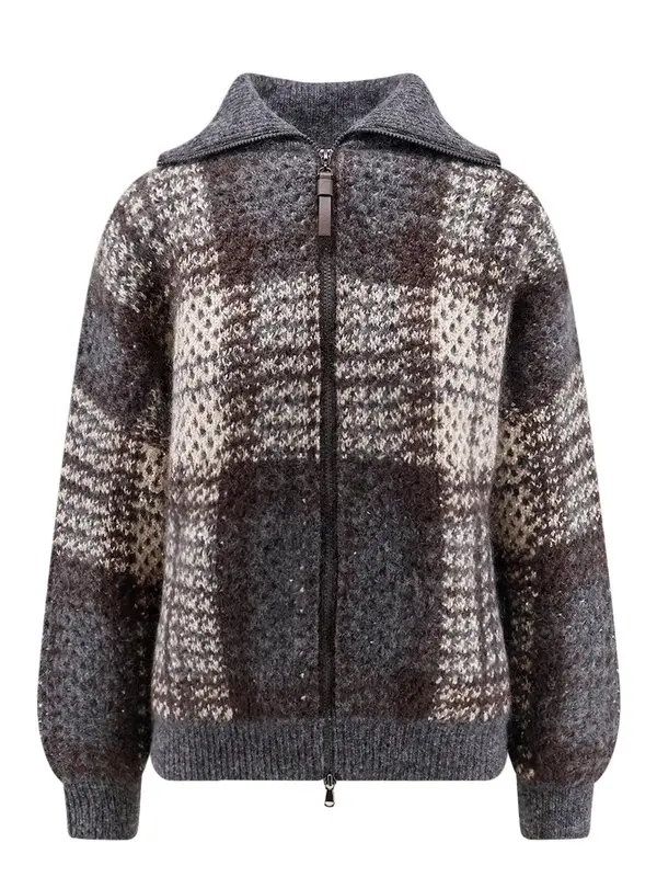 Brunello Cucinelli Intarsia And Micro-sequin Embroidered Zip-up Cardigan - Cream