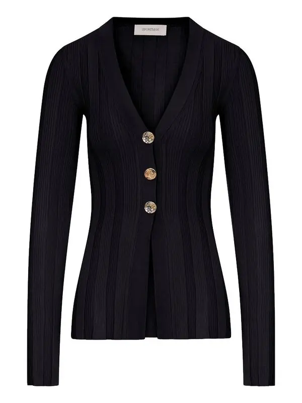 Sportmax Fitted Ribbed Viscose Blend Cardigan With Jewel Buttons - Black