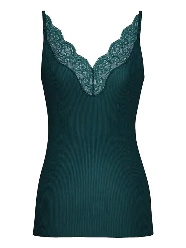 Saint Laurent Ribbed Silk Tank Top With Lace Trim - Multicolor