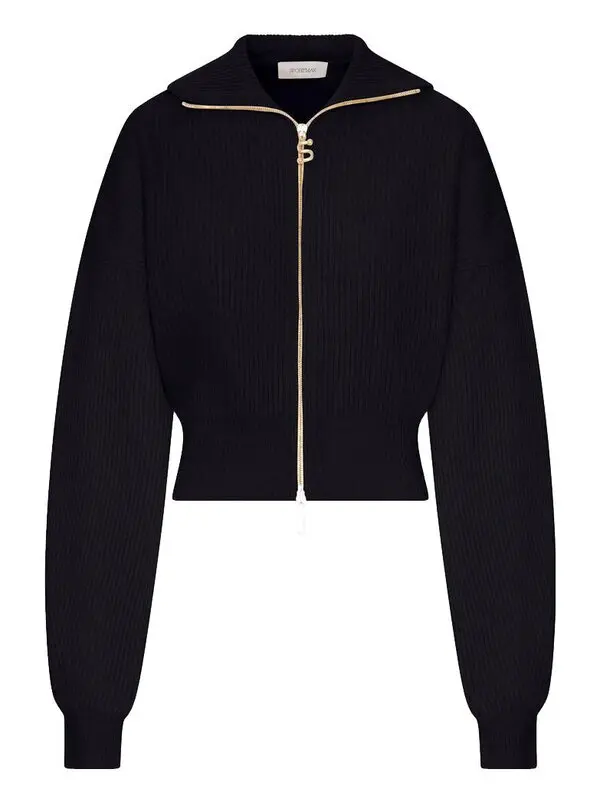 Sportmax Ribbed Wool Cardigan With Wide Collar And Zipper - Black