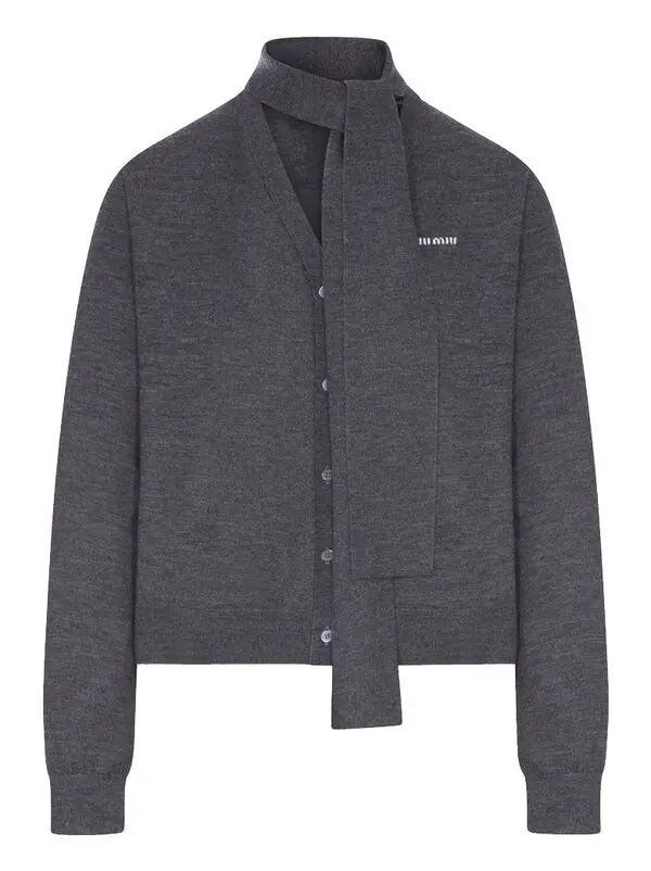 Miu Miu Wool Cardigan With Scarf And Logo - Gray