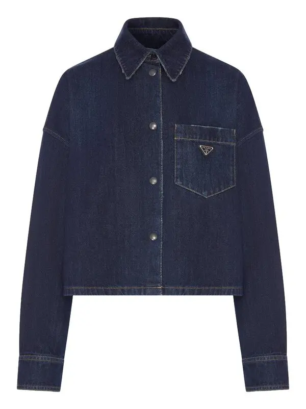 Prada Oversized Denim Shirt With Logo Plaque - Brown