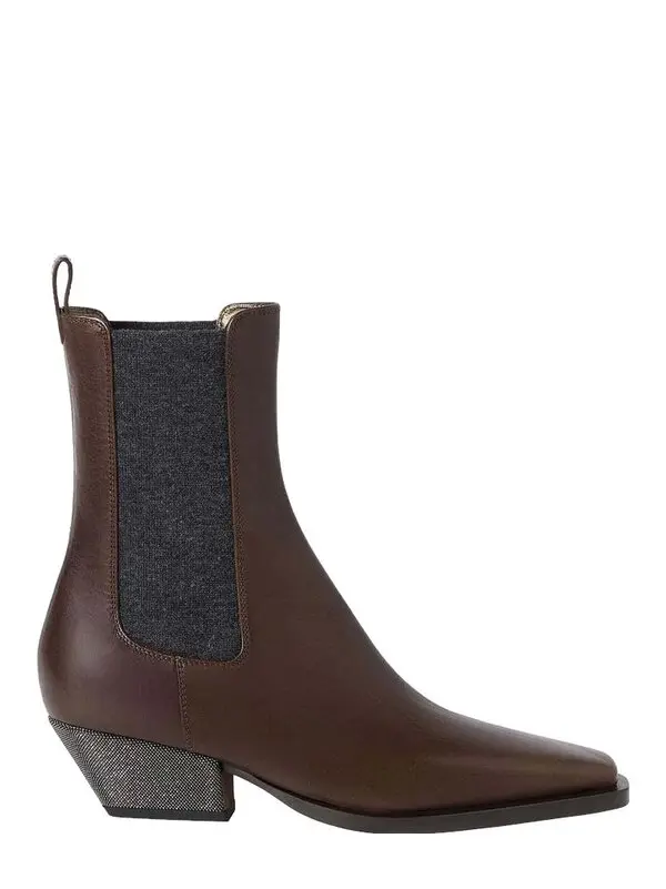 Brunello Cucinelli Chelsea Boots In Vitello Riding With Embellished Heel - Brown