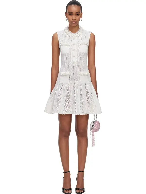 SELF-PORTRAIT Snap-front Cotton Dress With Gold Button Detail - Bianco