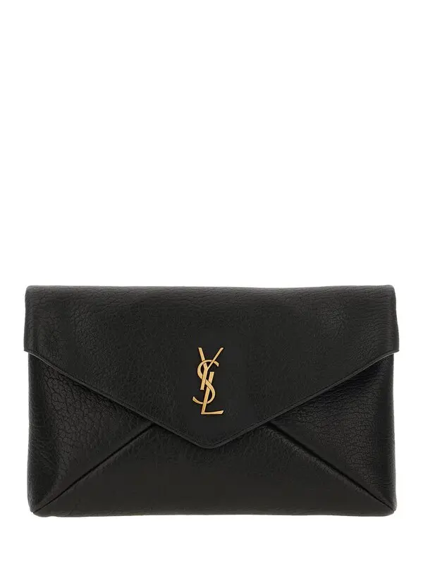 Saint Laurent Textured Leather Envelope Clutch With Gold Tone Logo - Multicolor