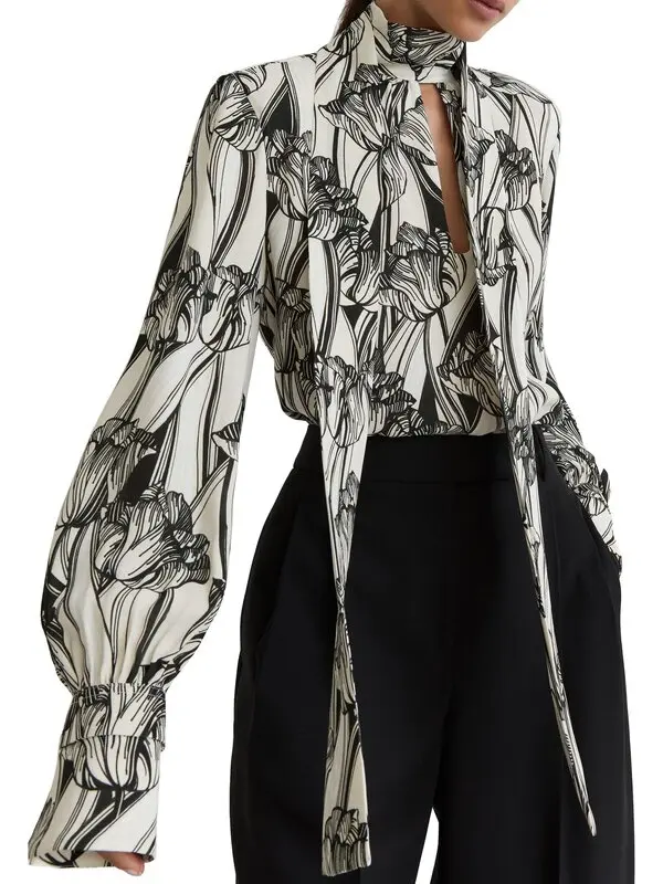 REISS Kennedy Floral-print Tie-neck Blouse - Black/white