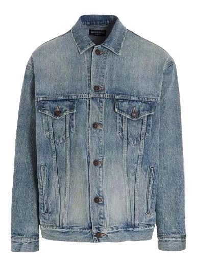 Balenciaga Est. 1917 College Logo Print Denim Jacket - Washed Light Blue