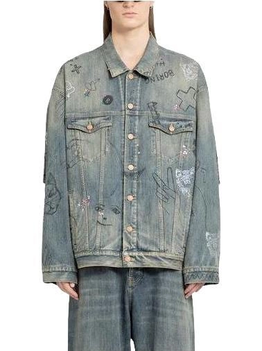 Balenciaga Graffiti Denim Jacket - Light Blue
