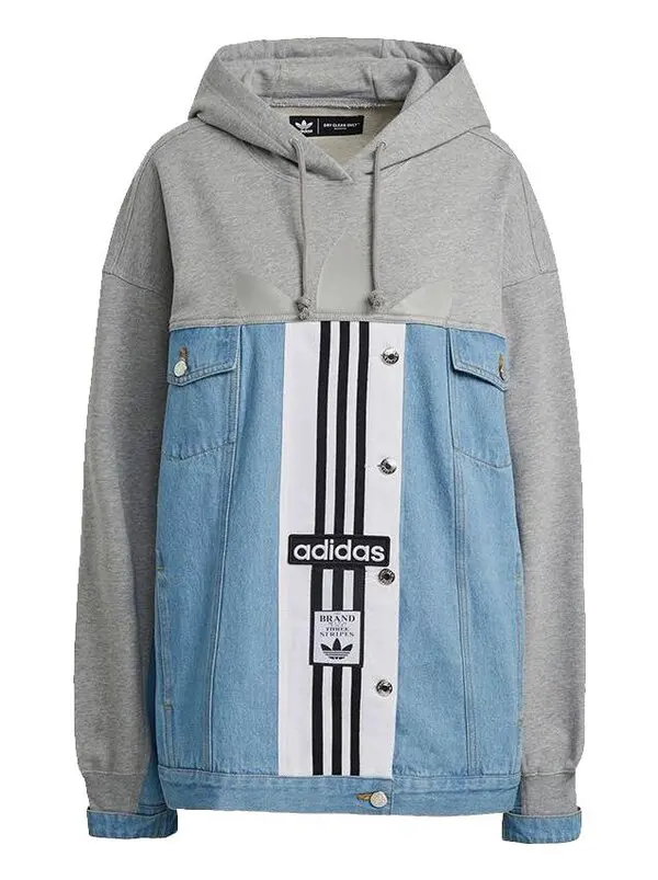 Adidas Denim Hooded Jacket With Graphic Stripes - Blue/grey