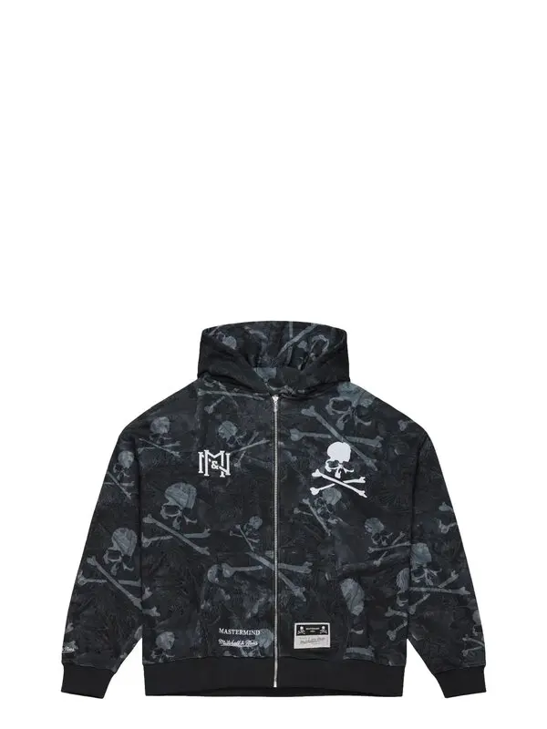 Mitchell & Ness X Mastermind Skull And Crossbones Print Full-zip Hoodie - Charcoal