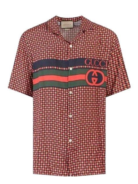 Gucci Geometric Houndstooth Print Bowling Shirt 'blue - Red