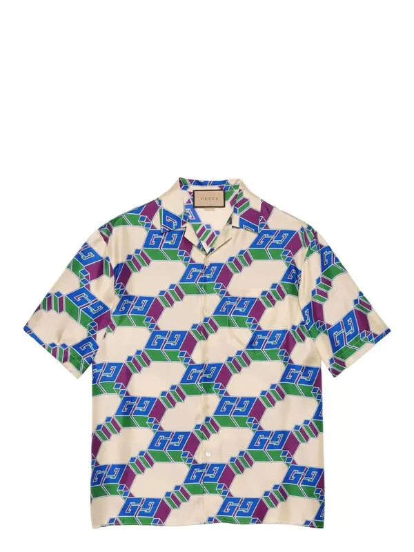 Gucci 3d Gg Print Silk Shirt 'blue Ivory - Blue/ivory