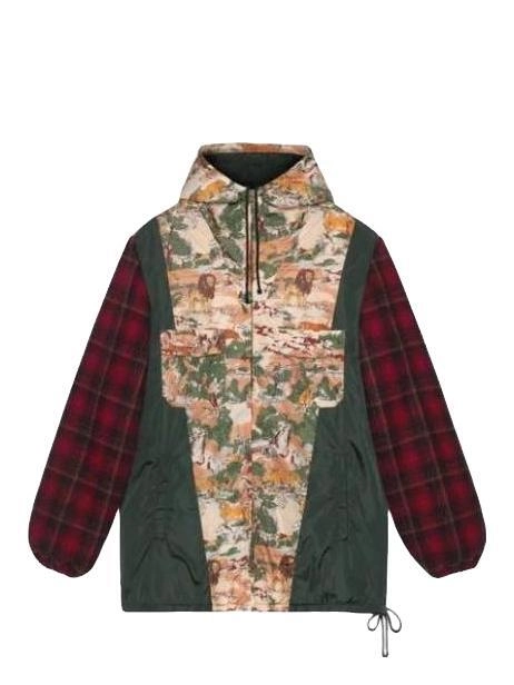 Gucci Nylon Jacket With Feline Print And Plaid Sleeves - Green