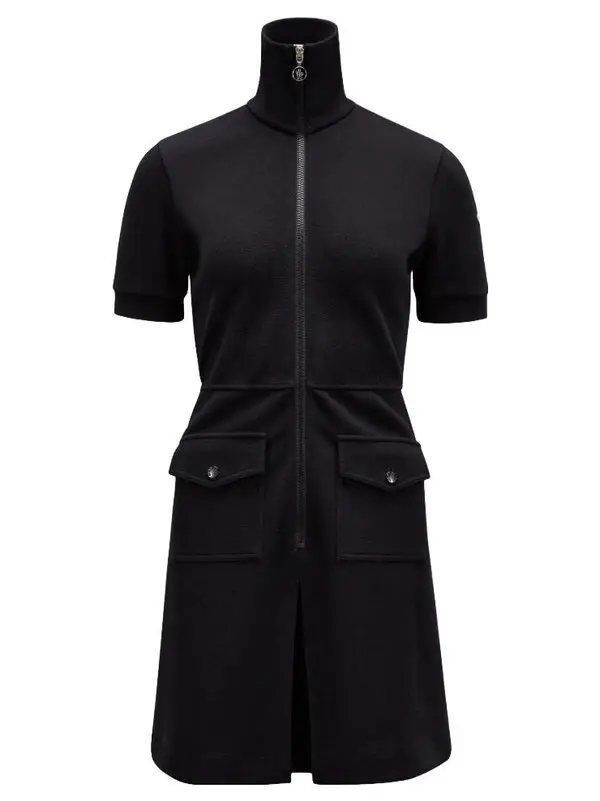 Moncler Ribbed Knit Zip-up Polo Dress With Pocket Detail - Black
