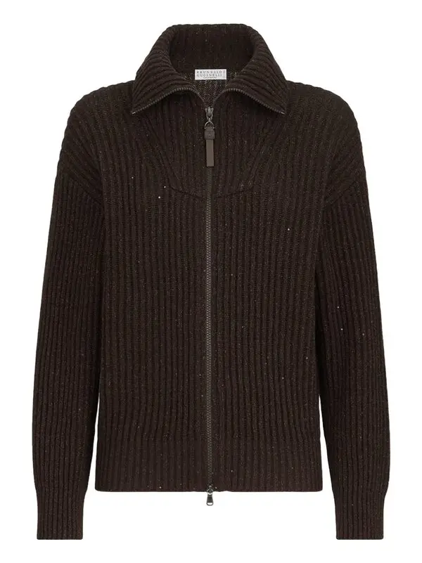 Brunello Cucinelli Ribbed-knit Sequin-embellished Cardigan - Brown