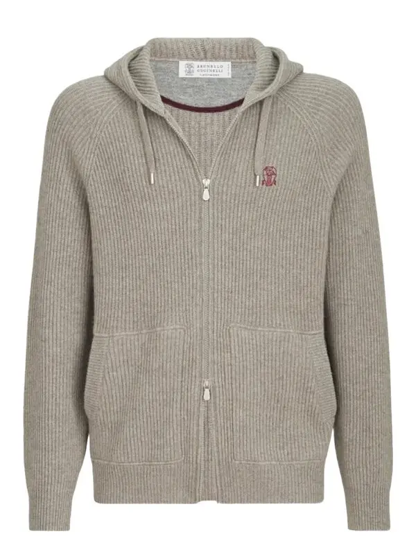Brunello Cucinelli Logo Embroidered Zipped Cardigan - Limestone