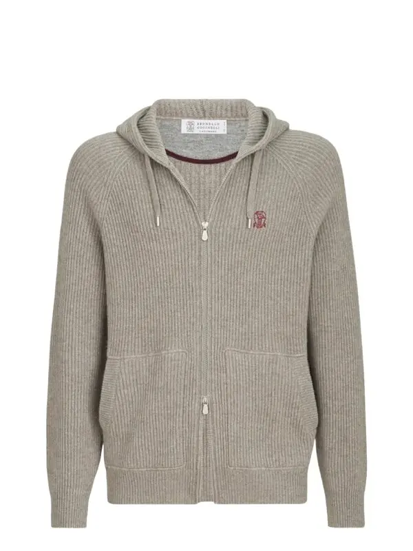 Brunello Cucinelli Cashmere English Rib Zip-up Hooded Knit Sweatshirt With Logo - Stone Gray