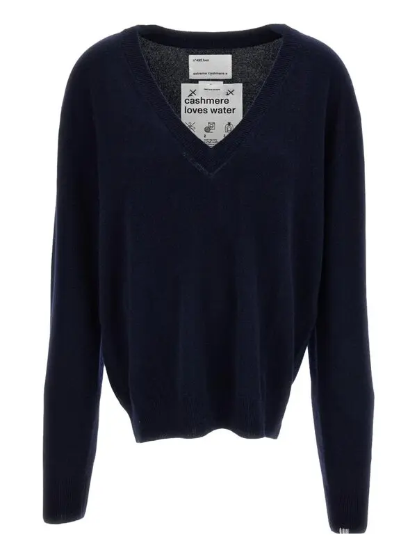 Extreme Cashmere V-neck Long-sleeve Sweater With Ribbed Detailing - Blue