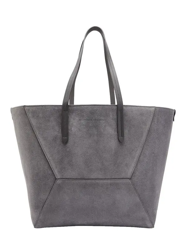 Brunello Cucinelli Medium Suede Tote With Beaded Embellishments - Grey