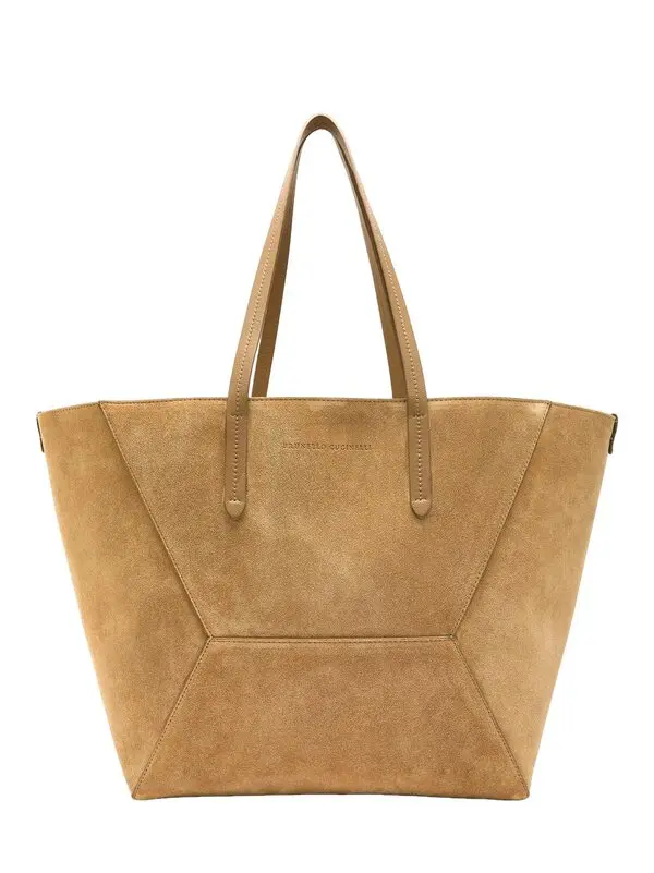 Brunello Cucinelli Medium Suede Tote With Beaded Embellishments - Tan