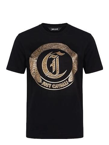 Just Cavalli Cotton T-shirt With Crystal Logo - Black
