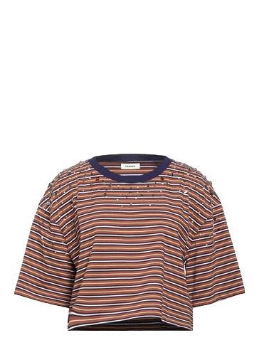 Sandro Striped Cotton T-shirt With Embellishments - Brown