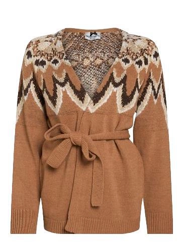 NO SECRETS Camel Jacquard-knit Cardigan With Belt And Sequins - Beige