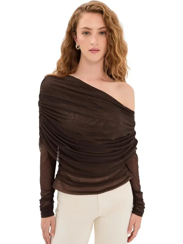 Line & Dot Marceline Asymmetrical One-shoulder Top - Brown