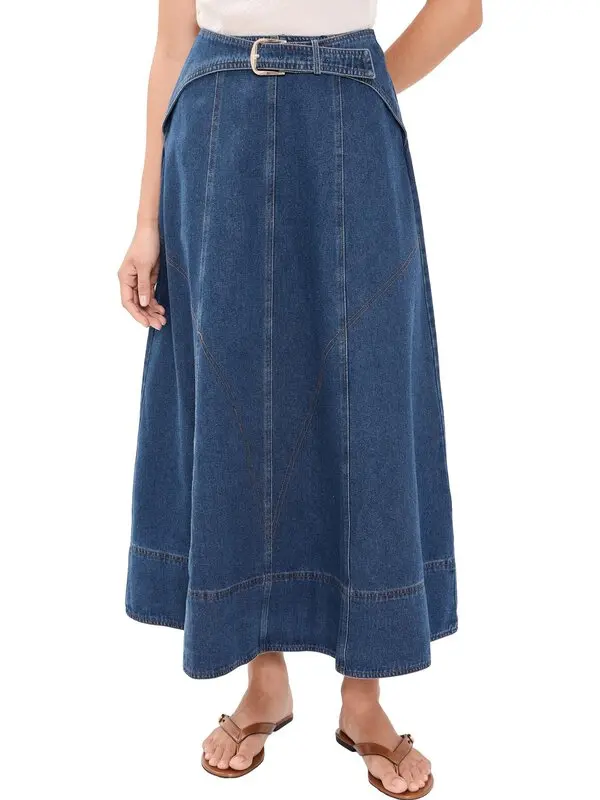 Moon River Belt Buckle Detail Denim Midi Skirt - Denim Blue