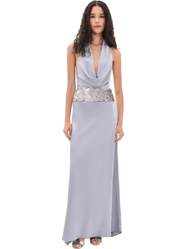 RUNAWAY THE LABEL Marcella Deep Plunge Maxi Dress With Sequin Embellishments - Silver