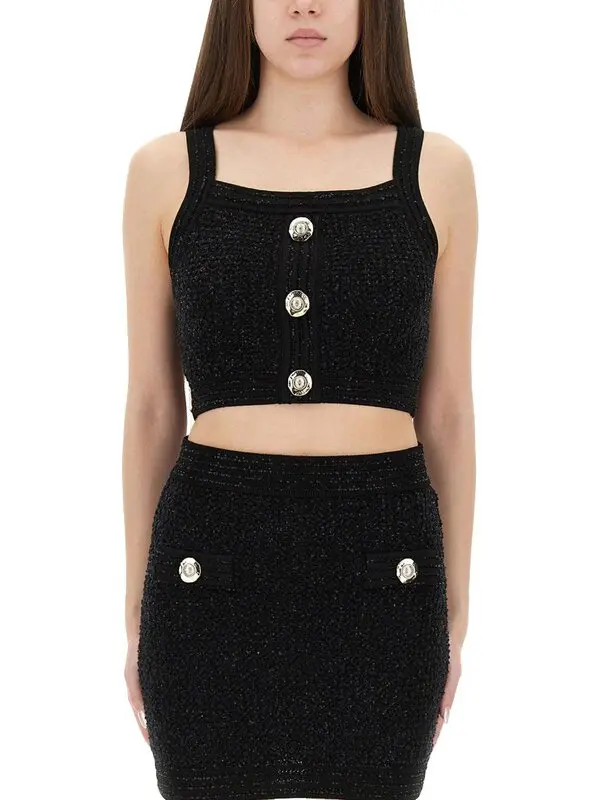 Balmain Cropped Tweed Top With Button Detail - Black