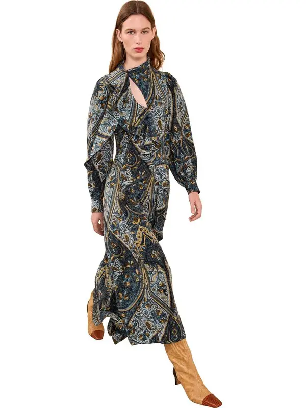 Ulla Johnson Sabrina Silk Dress With Ruffle Details And Tie Neckline - Prussian