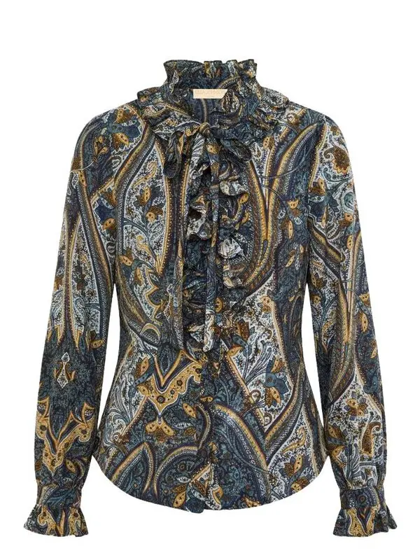 Ulla Johnson Catroux Long Sleeve Silk Blouse With Ruffle And Bow Detail - Prussian