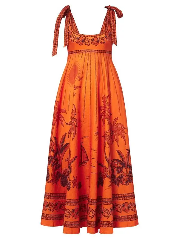 ALEMAIS Boathouse Printed Linen Midi Dress - Orange