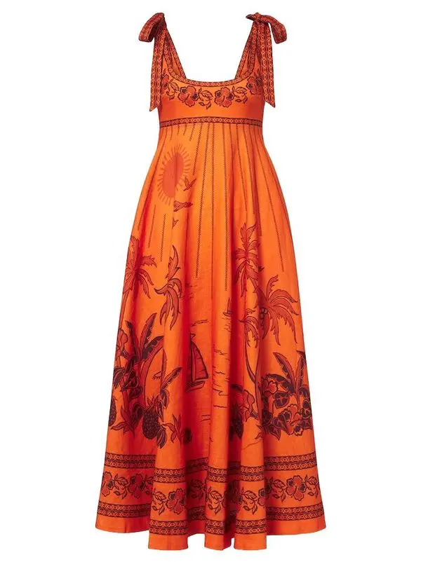 ALEMAIS Printed Linen Midi Dress - Orange