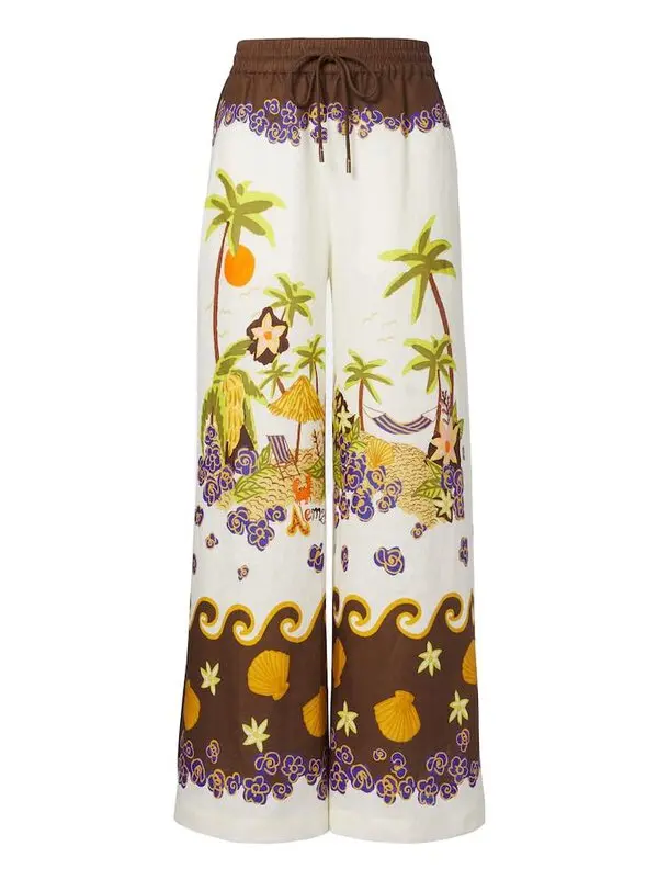 ALEMAIS Island Cove Printed Linen Wide-leg Pants - Multicoloured