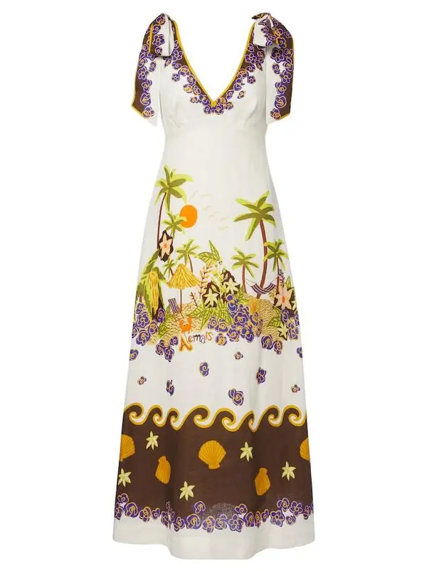 ALEMAIS Island Cove Linen Midi Dress In Cream - Multicoloured