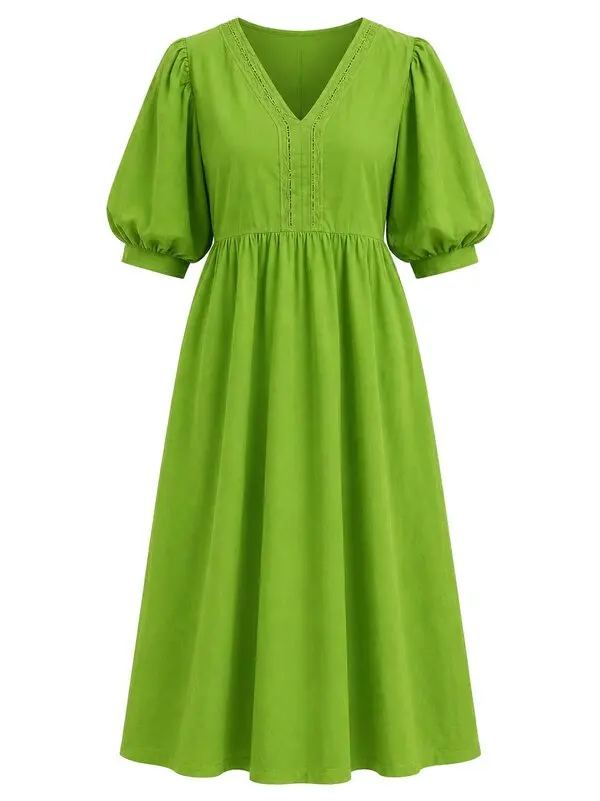 IZABELA MANDOIU Midi Dress With Puff Sleeves And Lace Inserts - Green