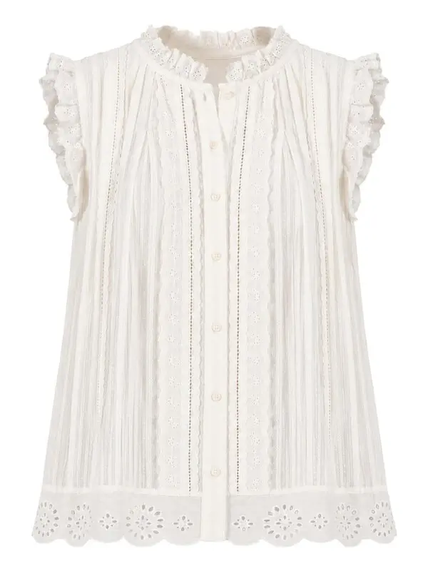 ROSE & NANCY Cotton Lace Trim Button-up Top - White