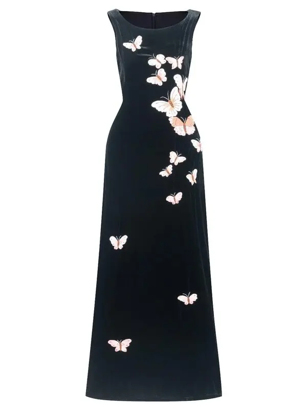 SILK AND BEARS Hand-embroidered Butterfly Velvet Maxi Evening Dress - Black