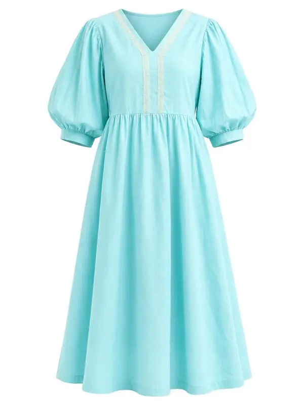 IZABELA MANDOIU Aqua Midi Dress With Puff Sleeves And Decorative Trim - Blue