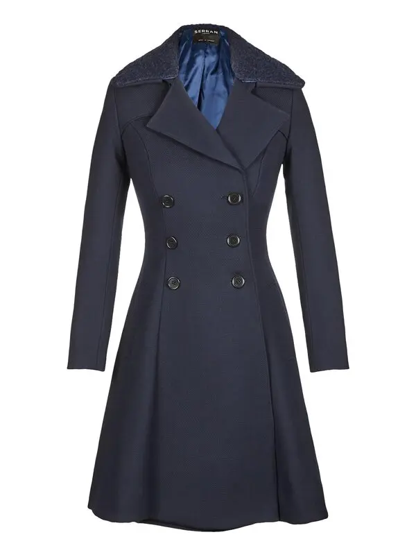 SERRAN LONDON Double Breasted Flared Coat - Blue
