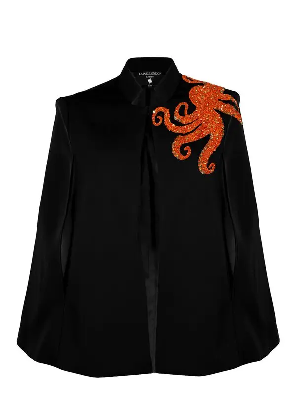 HOUSE OF LAINES LONDON Black / Gold / Orange Laines Couture Tailored Cape With Embellished Orange Octopus - Black/gold/orange