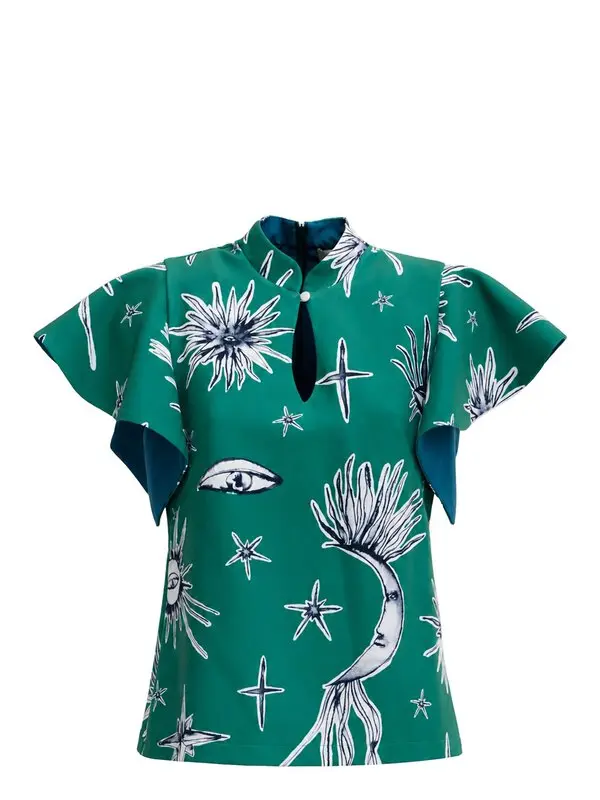 JULIA ALLERT Stand Collar Celestial Print Blouse - Green