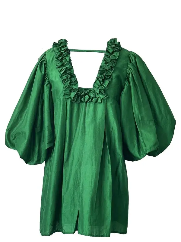 SR BY SONALI RAMAN Ruffled Square Neck Puff Sleeve Silk Dress - Green