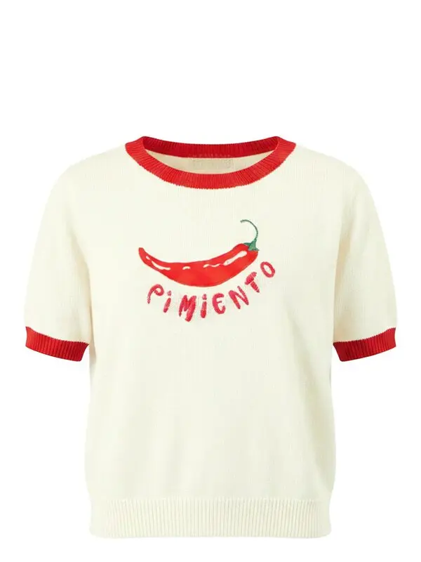 YUMI Ivory Chilli Cotton Knit Top With "pimiento" Slogan - White