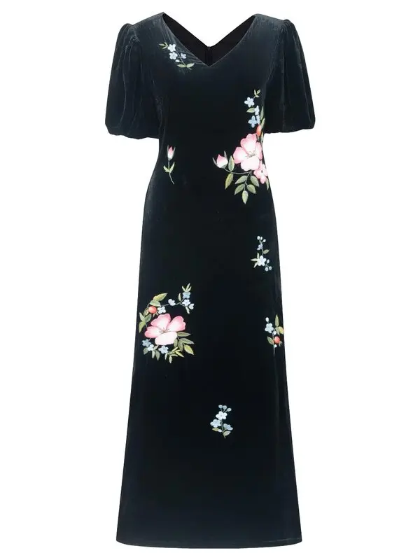 SILK AND BEARS Hand-embroidered Velvet Maxi Dress - Black