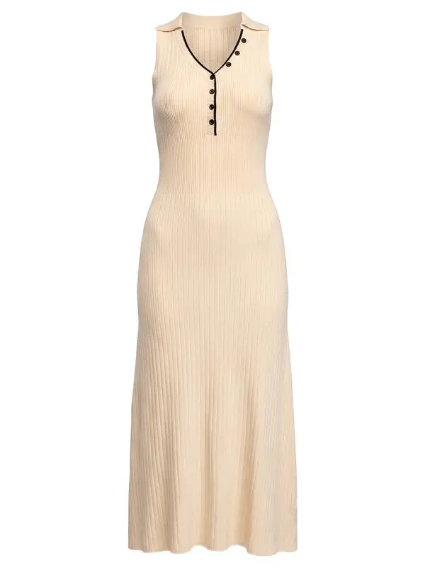 TANTRA SPAIN SL Sleeveless Ribbed Knit Midi Dress With Button Detail And Contrast Trim - Beige